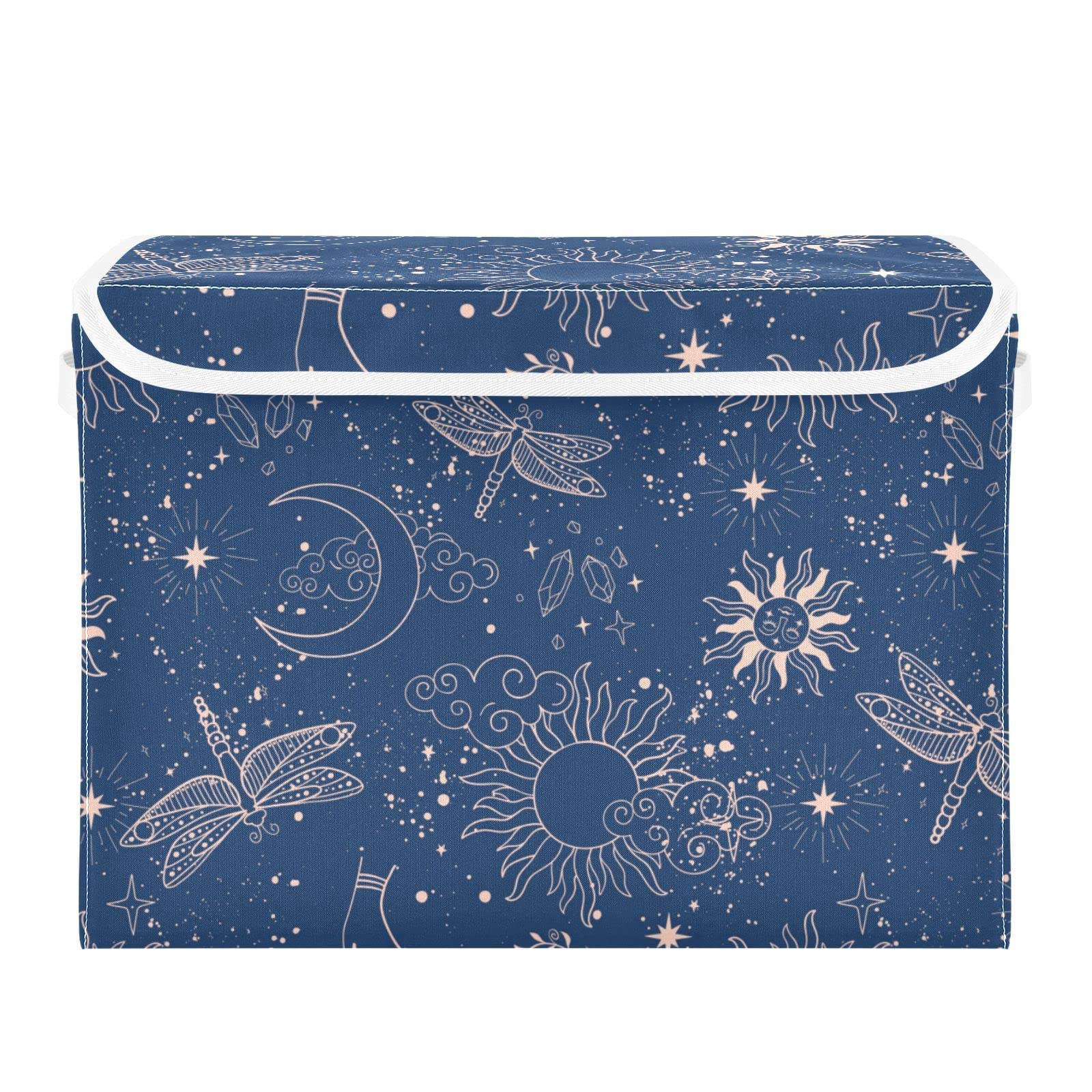 DOMIKING Boho Moon Sun Dragonfly Collapsible Storage Bins with Lids Decorative Lidded Basket for Toys Organizers Rectangular Fabric Storage Boxes with Handles for Nursery Books Shelves Office