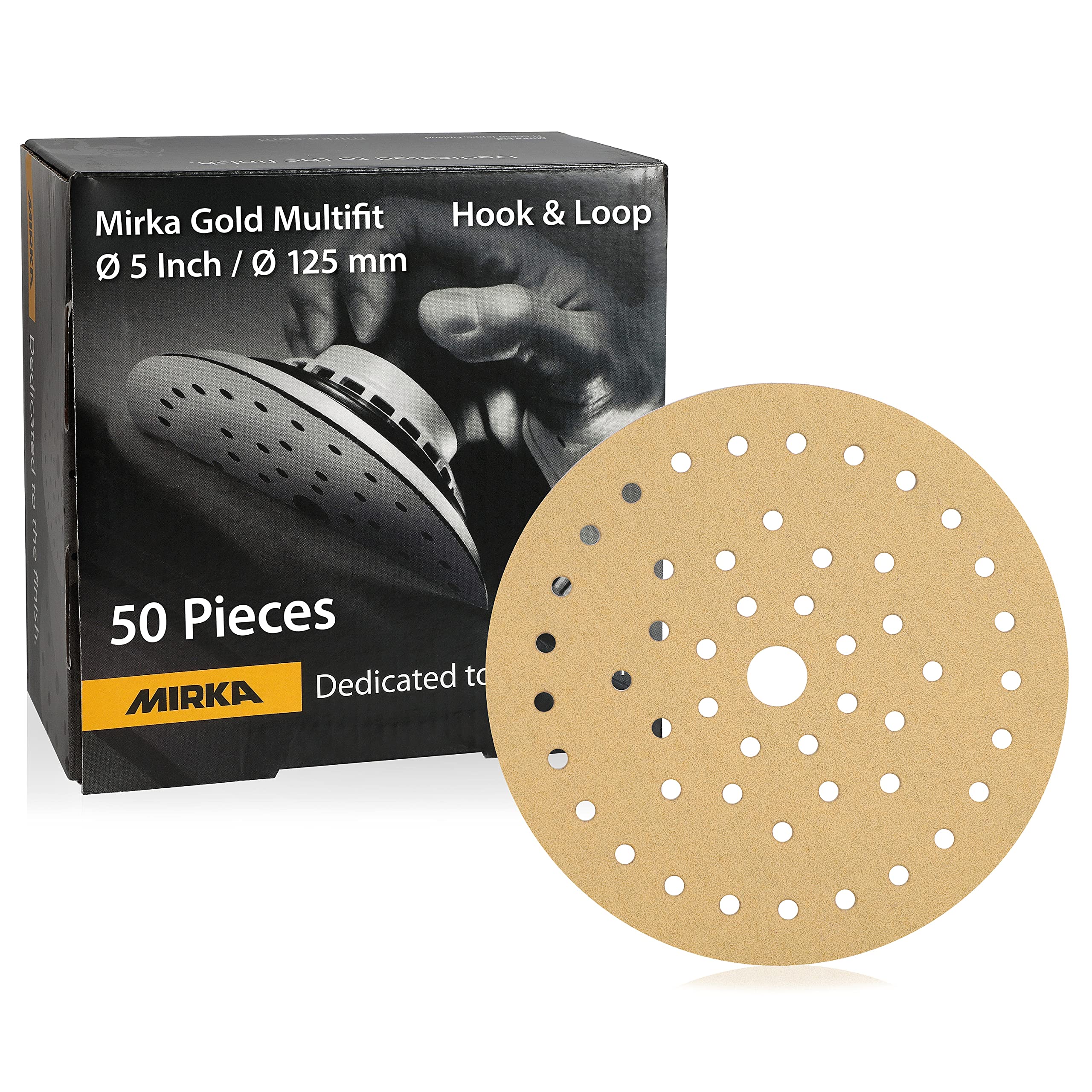 Mirka Gold Multifit 5'' Sandpaper Grit 80 Hook and Loop, 50 Pack 5 inch Sanding Discs for Orbital Sander, Sand Paper Pads for Wood, Drywall, Metal