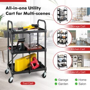 S AFSTAR 3-Tier Folding Tool Cart on Wheels, Rolling Tool Storage Organizer Cart W/Universal Wheels & Handrails, 300Lbs Load, Portable Utility Cart, Collapsible Service Cart for Garage Warehouse Home