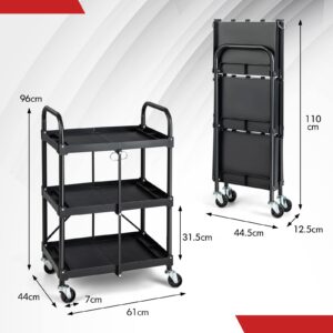 S AFSTAR 3-Tier Folding Tool Cart on Wheels, Rolling Tool Storage Organizer Cart W/Universal Wheels & Handrails, 300Lbs Load, Portable Utility Cart, Collapsible Service Cart for Garage Warehouse Home