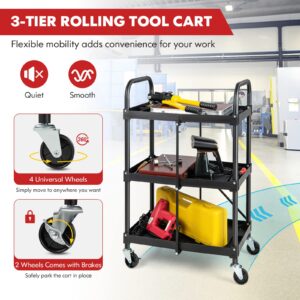 S AFSTAR 3-Tier Folding Tool Cart on Wheels, Rolling Tool Storage Organizer Cart W/Universal Wheels & Handrails, 300Lbs Load, Portable Utility Cart, Collapsible Service Cart for Garage Warehouse Home