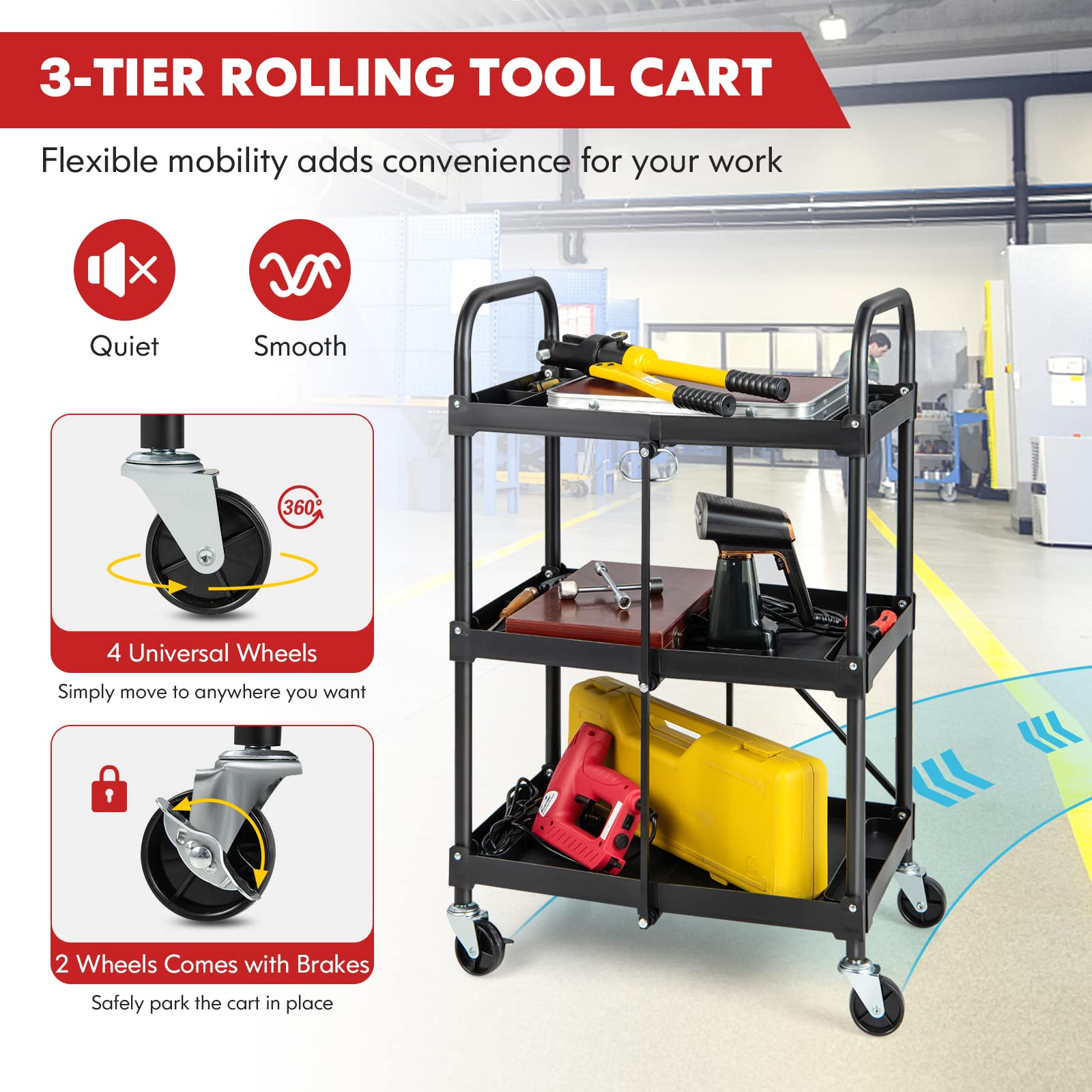 S AFSTAR 3-Tier Folding Tool Cart on Wheels, Rolling Tool Storage Organizer Cart W/Universal Wheels & Handrails, 300Lbs Load, Portable Utility Cart, Collapsible Service Cart for Garage Warehouse Home