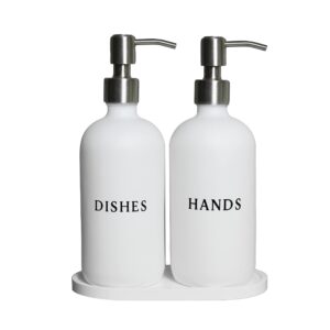 rm home white glass hand and dish soap dispenser set - modern farmhouse sink accessories - liquid soap dispenser - 16 oz kitchen sink soap dispenser set with tray, stainless pumps & funnel