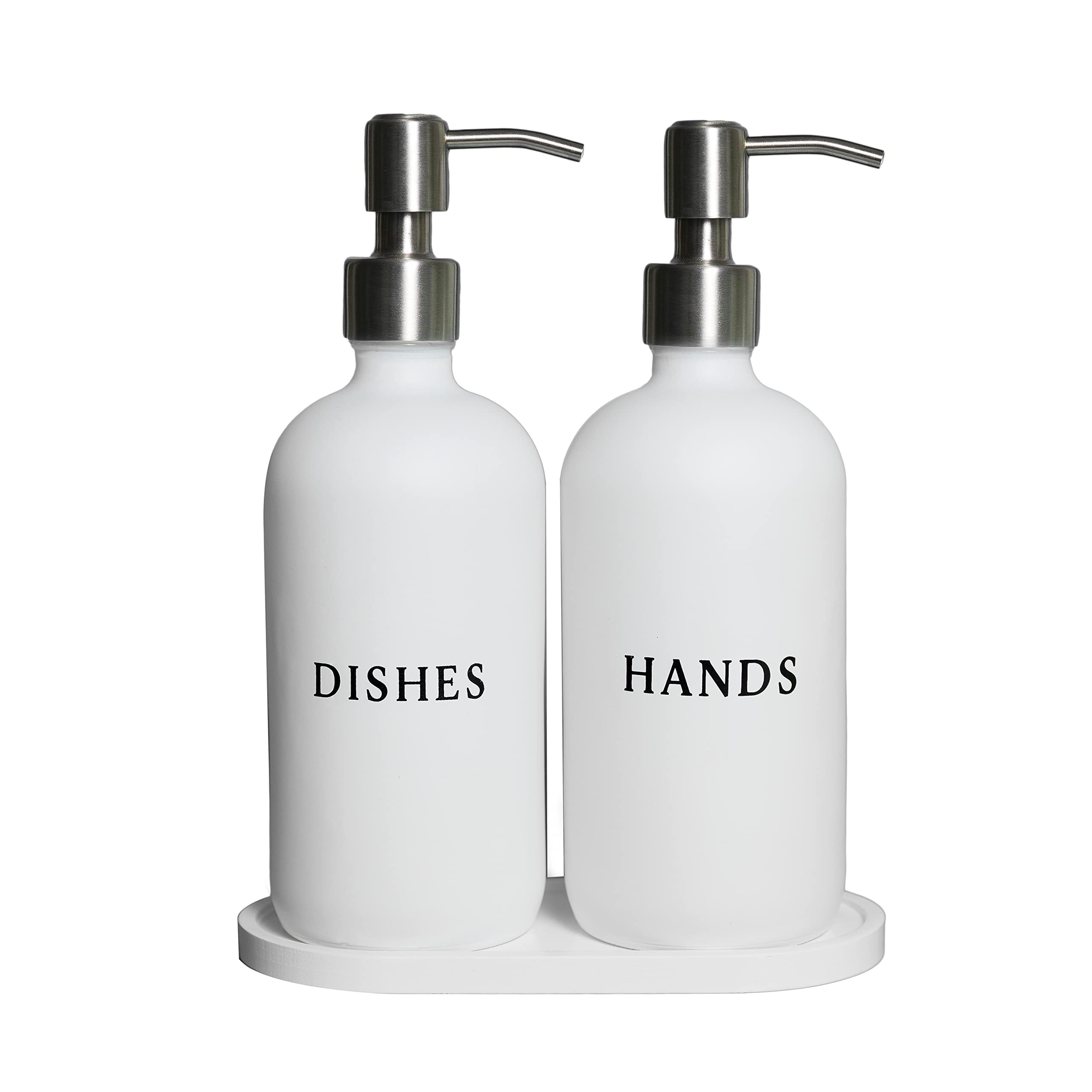 RM Home White Glass Hand and Dish Soap Dispenser Set - Modern Farmhouse Sink Accessories - Liquid Soap Dispenser - 16 oz Kitchen Sink Soap Dispenser Set with Tray, Stainless Pumps & Funnel