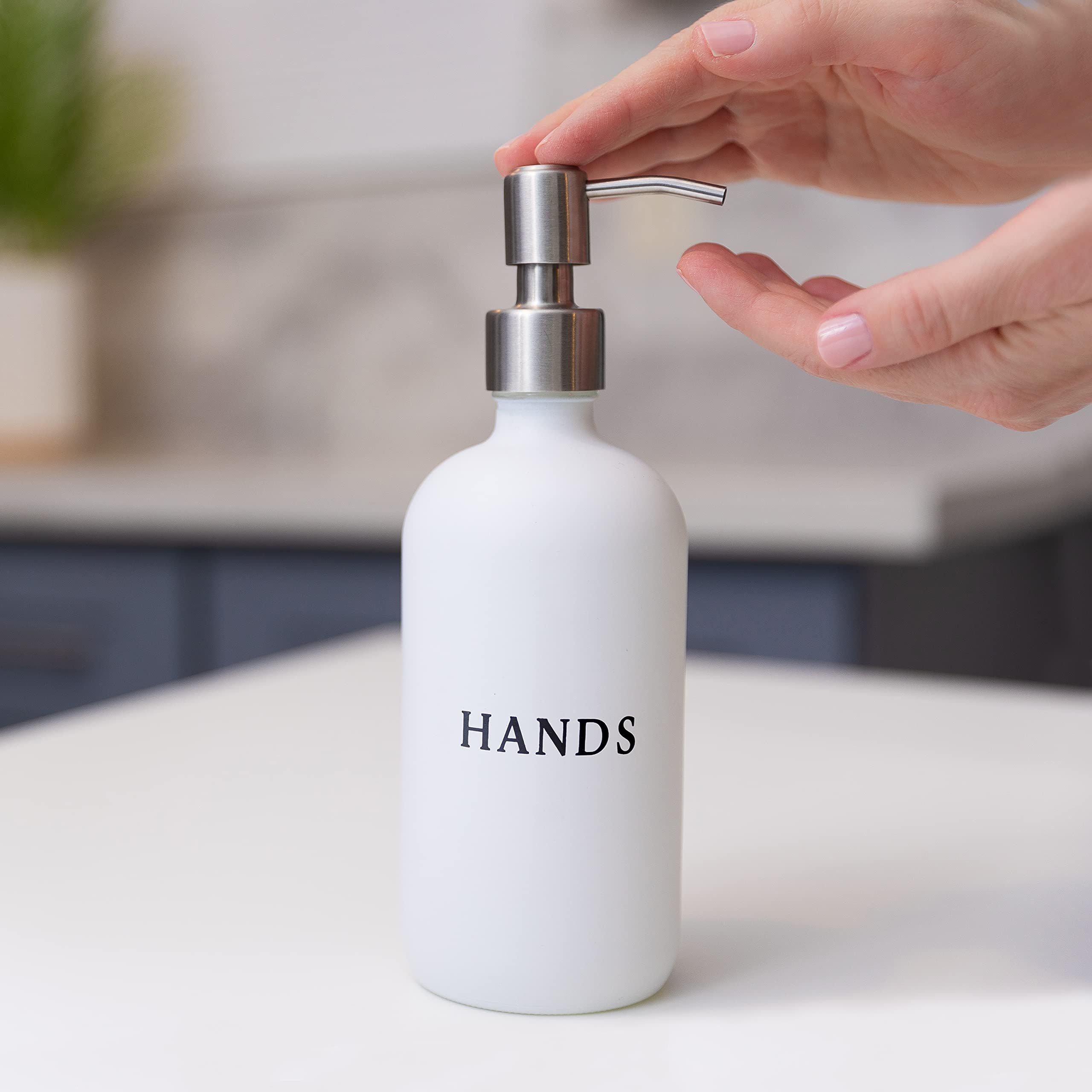 RM Home White Glass Hand and Dish Soap Dispenser Set - Modern Farmhouse Sink Accessories - Liquid Soap Dispenser - 16 oz Kitchen Sink Soap Dispenser Set with Tray, Stainless Pumps & Funnel