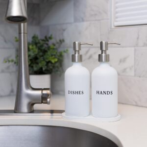 RM Home White Glass Hand and Dish Soap Dispenser Set - Modern Farmhouse Sink Accessories - Liquid Soap Dispenser - 16 oz Kitchen Sink Soap Dispenser Set with Tray, Stainless Pumps & Funnel