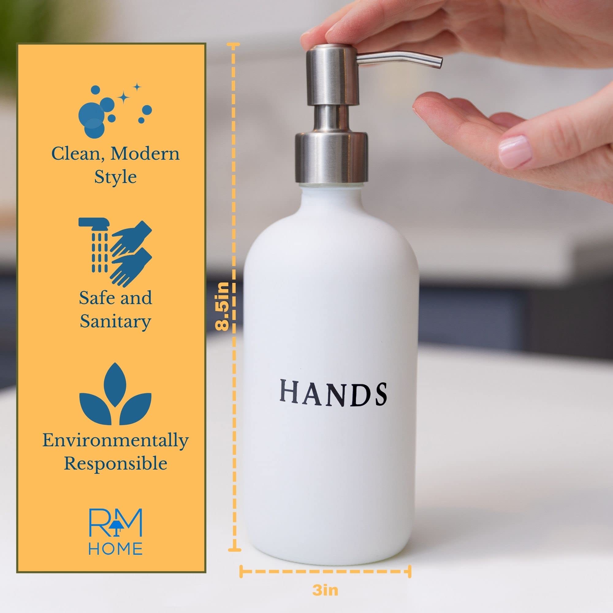 RM Home White Glass Hand and Dish Soap Dispenser Set - Modern Farmhouse Sink Accessories - Liquid Soap Dispenser - 16 oz Kitchen Sink Soap Dispenser Set with Tray, Stainless Pumps & Funnel