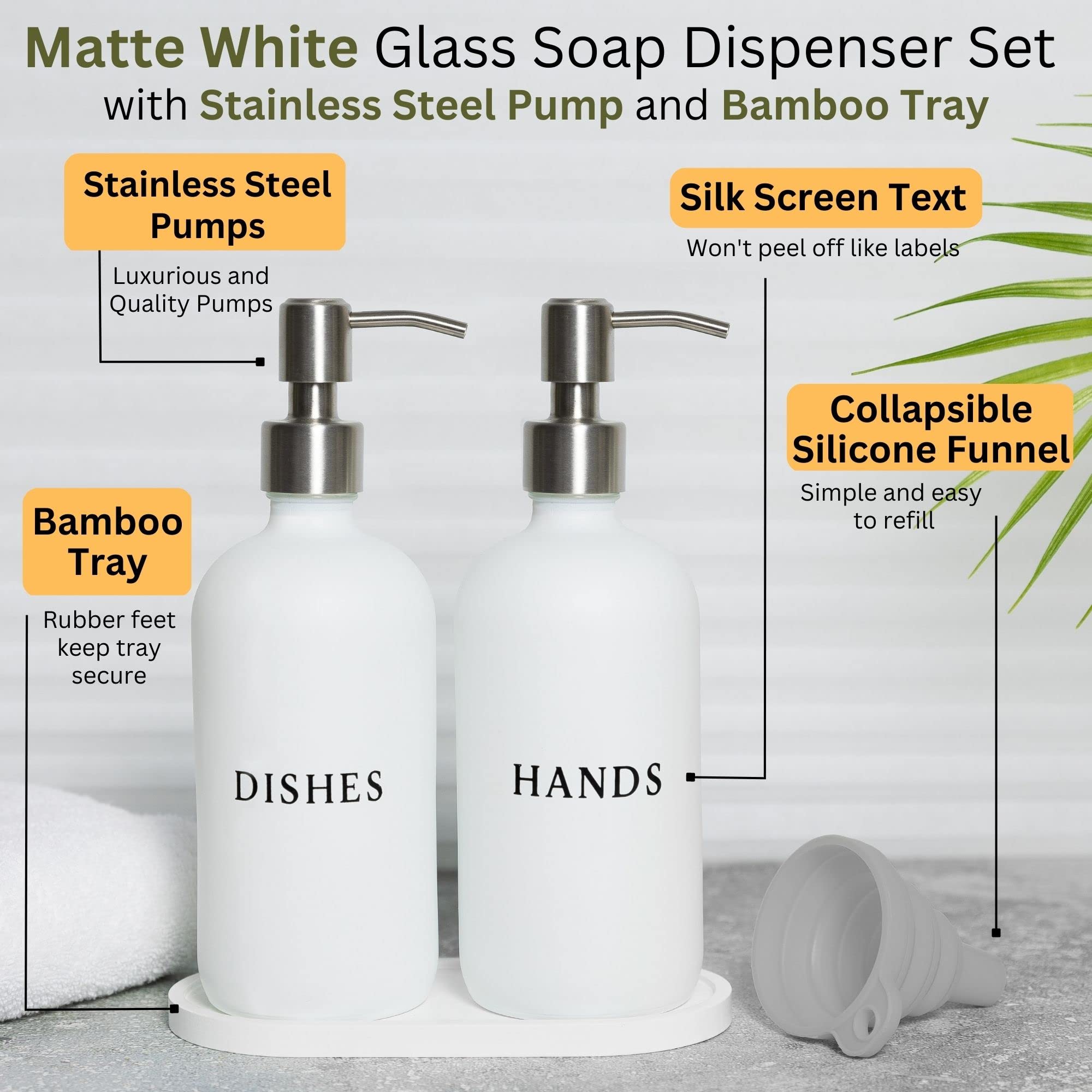 RM Home White Glass Hand and Dish Soap Dispenser Set - Modern Farmhouse Sink Accessories - Liquid Soap Dispenser - 16 oz Kitchen Sink Soap Dispenser Set with Tray, Stainless Pumps & Funnel