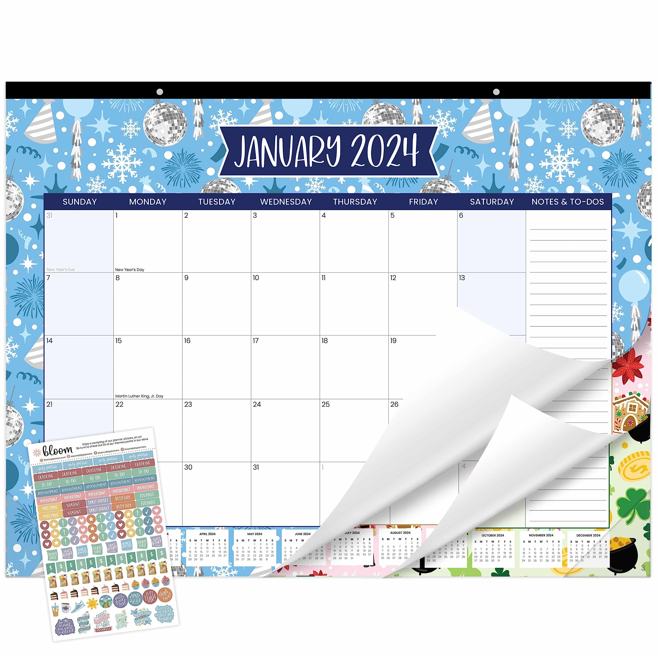 bloom daily planners 2024 Desk Calendar - 21" x 16" Large Monthly Organizer Pad with Stickers (January 2024 - December 2024) Desktop Blotter - Holiday Icons