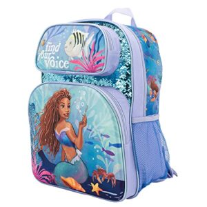 DISNEY The Little Mermaid Movie Backpack, Girls Bookbag with Adjustable Shoulder Straps & Padded Back, 16” Flip Sequin School Bag w/3D Molded Front Pocket