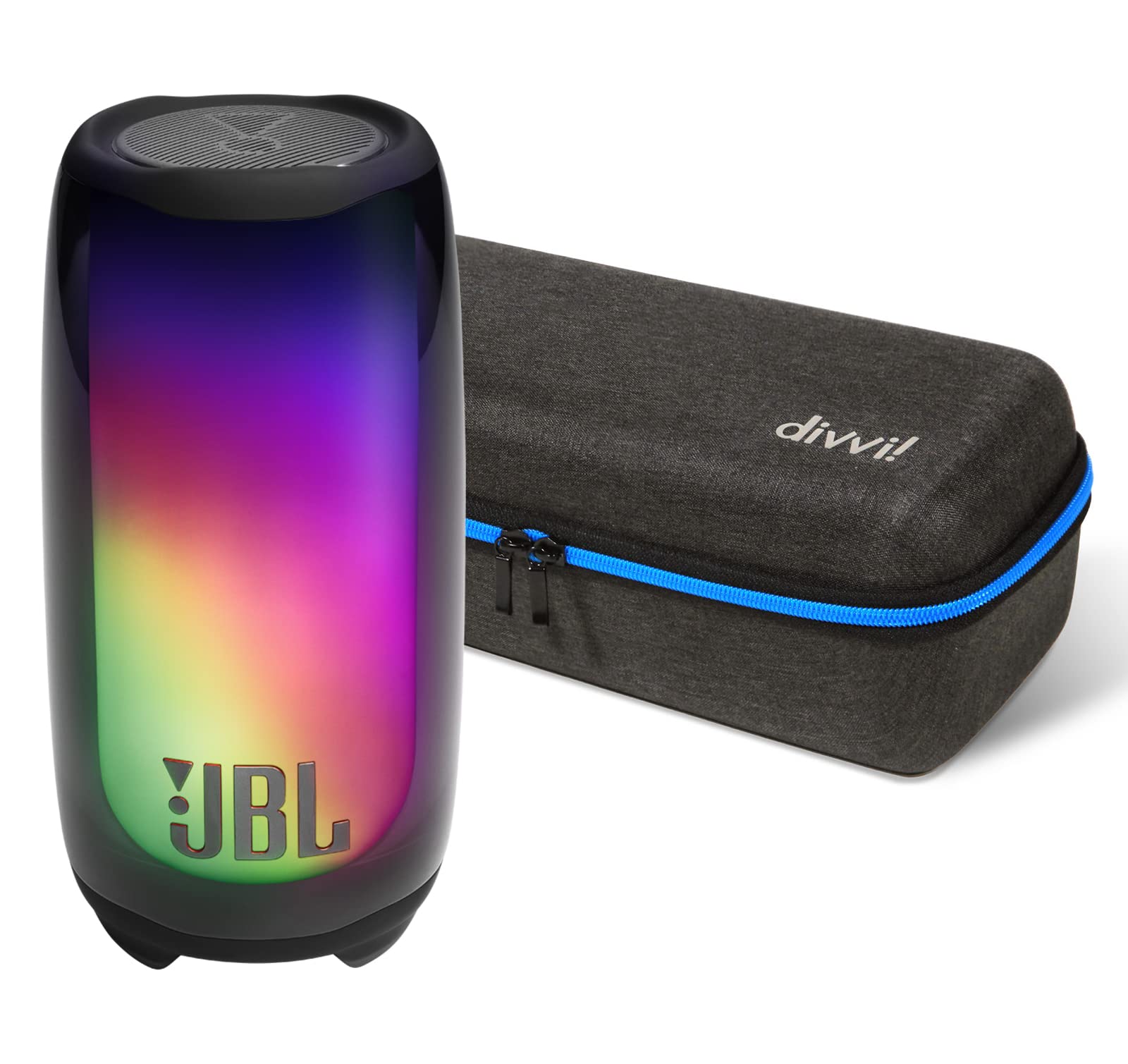 JBL Pulse 5 Black Bluetooth Light Show Speaker Bundle with Premium divvi! Hardshell Case