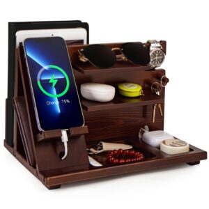 nightstand organizer wooden docking station charging phone stand holder gadgets organizer for wallet watch key wireless headphones,dad gifts men birthday gift idea from son daughter