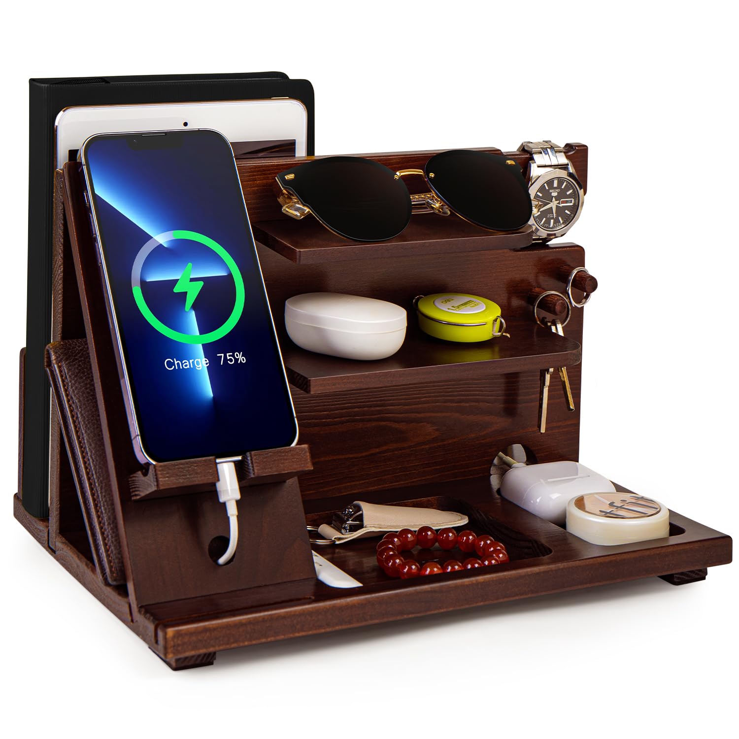 Nightstand Organizer Wooden Docking Station Charging Phone Stand Holder Gadgets Organizer for Wallet Watch Key Wireless Headphones,Dad Gifts Men Birthday Gift Idea from Son Daughter