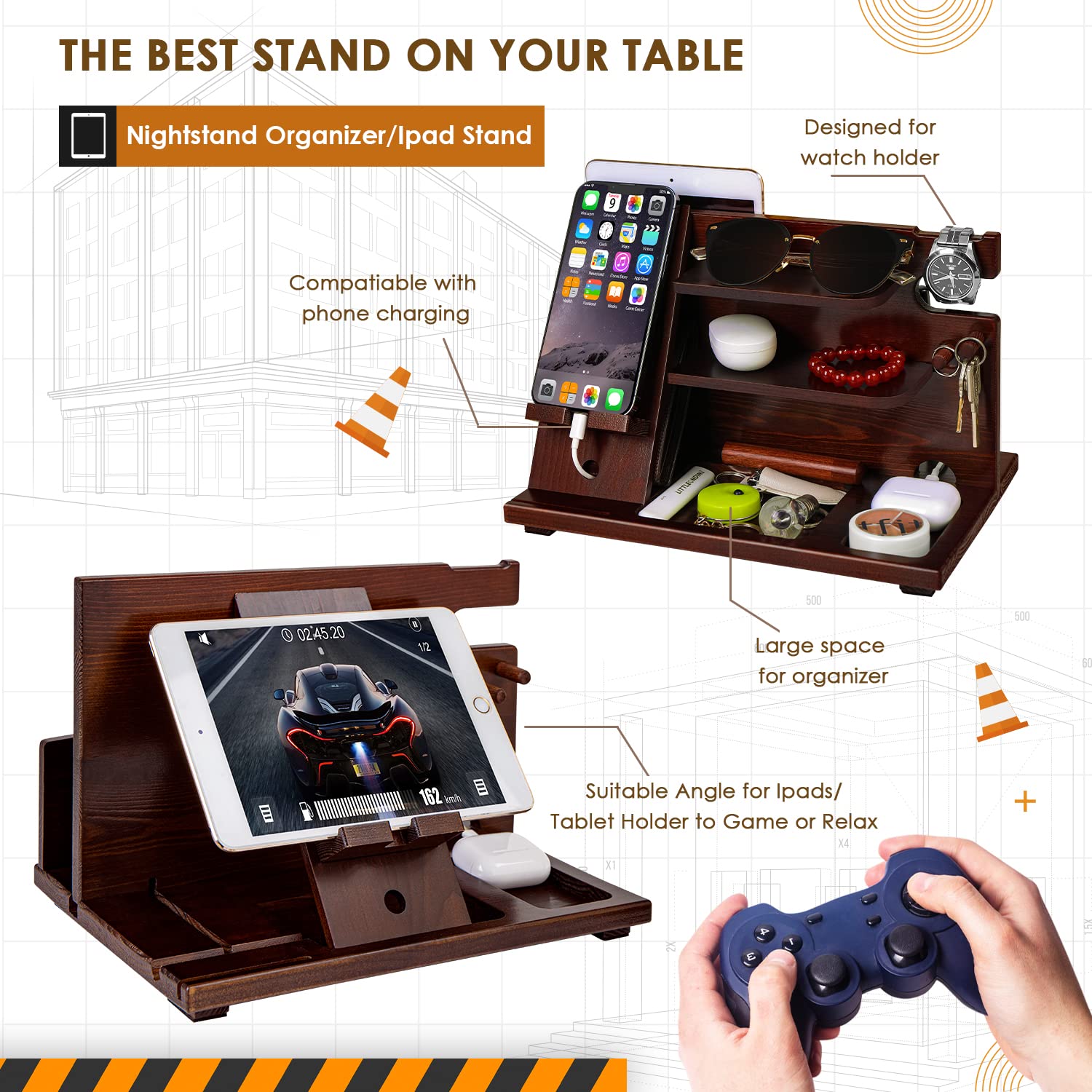 Nightstand Organizer Wooden Docking Station Charging Phone Stand Holder Gadgets Organizer for Wallet Watch Key Wireless Headphones,Dad Gifts Men Birthday Gift Idea from Son Daughter