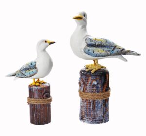 sanmenmo bird art decor, beach coastal seagull hand-carved&painted wood statue nautical decor vintage home decor living room/office/bathroom/bedroom decorations gift-2 pcs