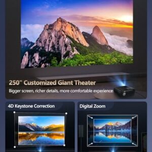 4K Daytime Gaming Projector 1000ANSI, WiFi 6 Bluetooth 1080P FHD Projector with Apps Android TV Home Cinema Indoor Outdoor, 4D/Zoom/PPT/Ceiling Projector for Phone/PC/DVD/Tablet/PS5/Fire Stick