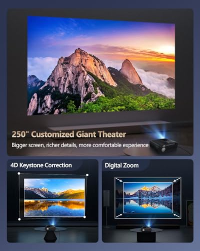 4K Daytime Gaming Projector 1000ANSI, WiFi 6 Bluetooth 1080P FHD Projector with Apps Android TV Home Cinema Indoor Outdoor, 4D/Zoom/PPT/Ceiling Projector for Phone/PC/DVD/Tablet/PS5/Fire Stick