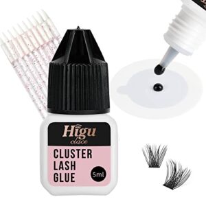 higu clace cluster lashes glue 5ml, strong hold 48hours lash bond for lash clusters diy eyelash extensions individual lash glue, black glue latex free eye lash glue for personal makeup use(5ml,black)