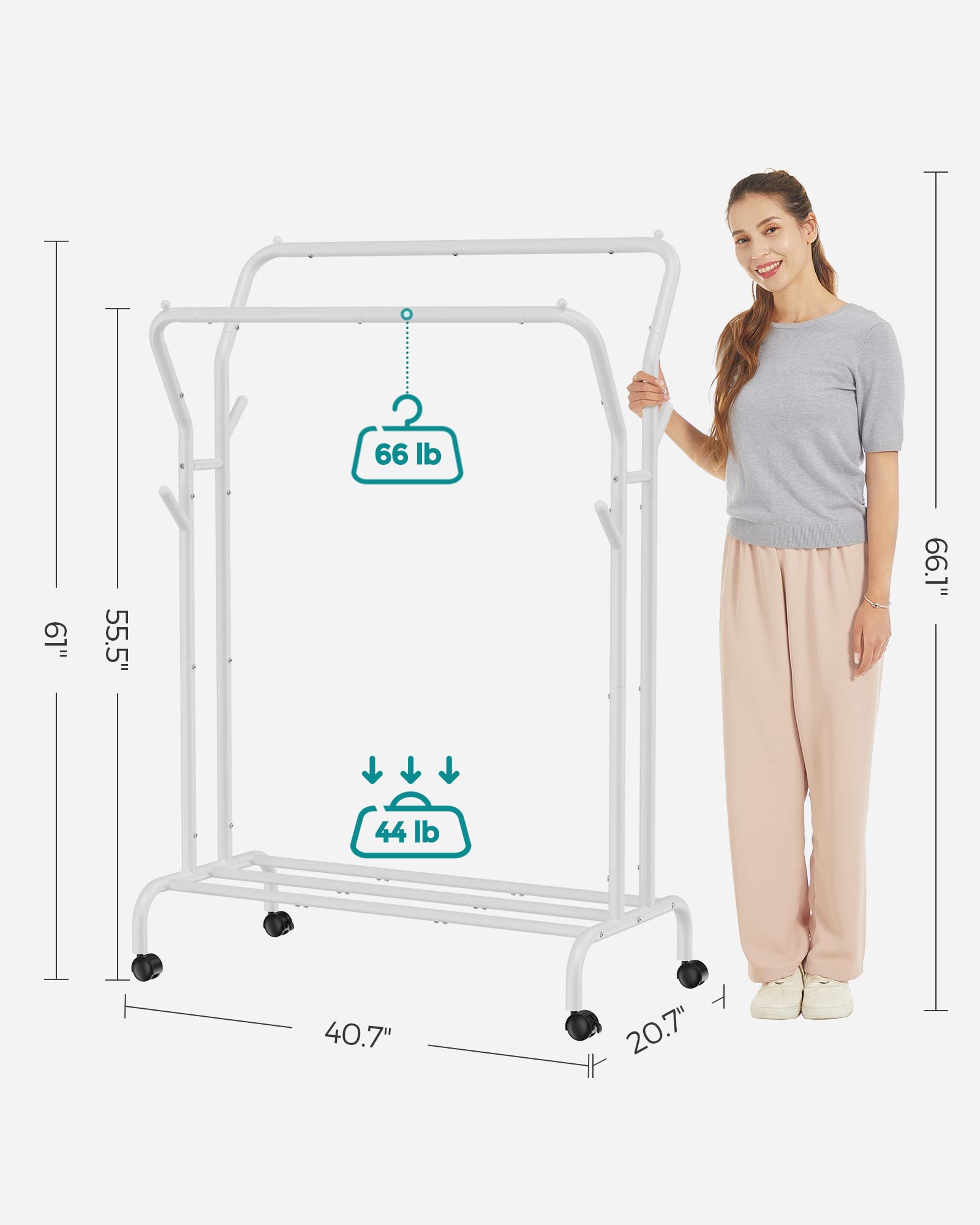 SONGMICS Clothes Rack, Double-Rod Clothing Rack with Wheels, Heavy-Duty Metal Frame, Garment Rack, 220 lb Max. Total Load, 40.7 Inches Wide, Clothes Storage and Display, White UHSR107W01