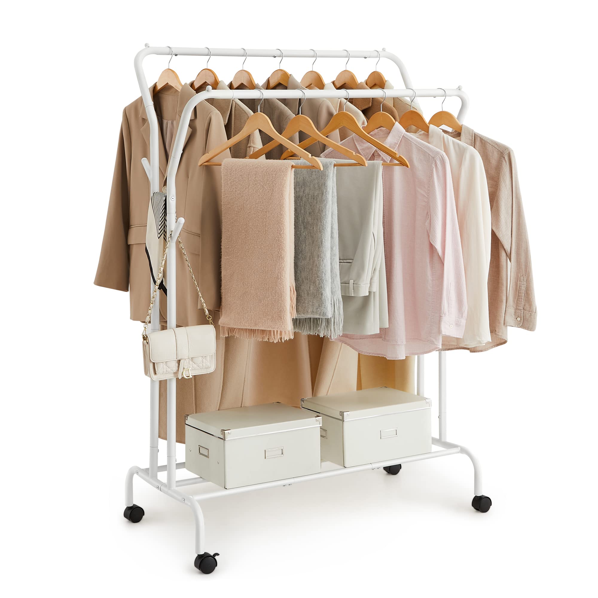 SONGMICS Clothes Rack, Double-Rod Clothing Rack with Wheels, Heavy-Duty Metal Frame, Garment Rack, 220 lb Max. Total Load, 40.7 Inches Wide, Clothes Storage and Display, White UHSR107W01