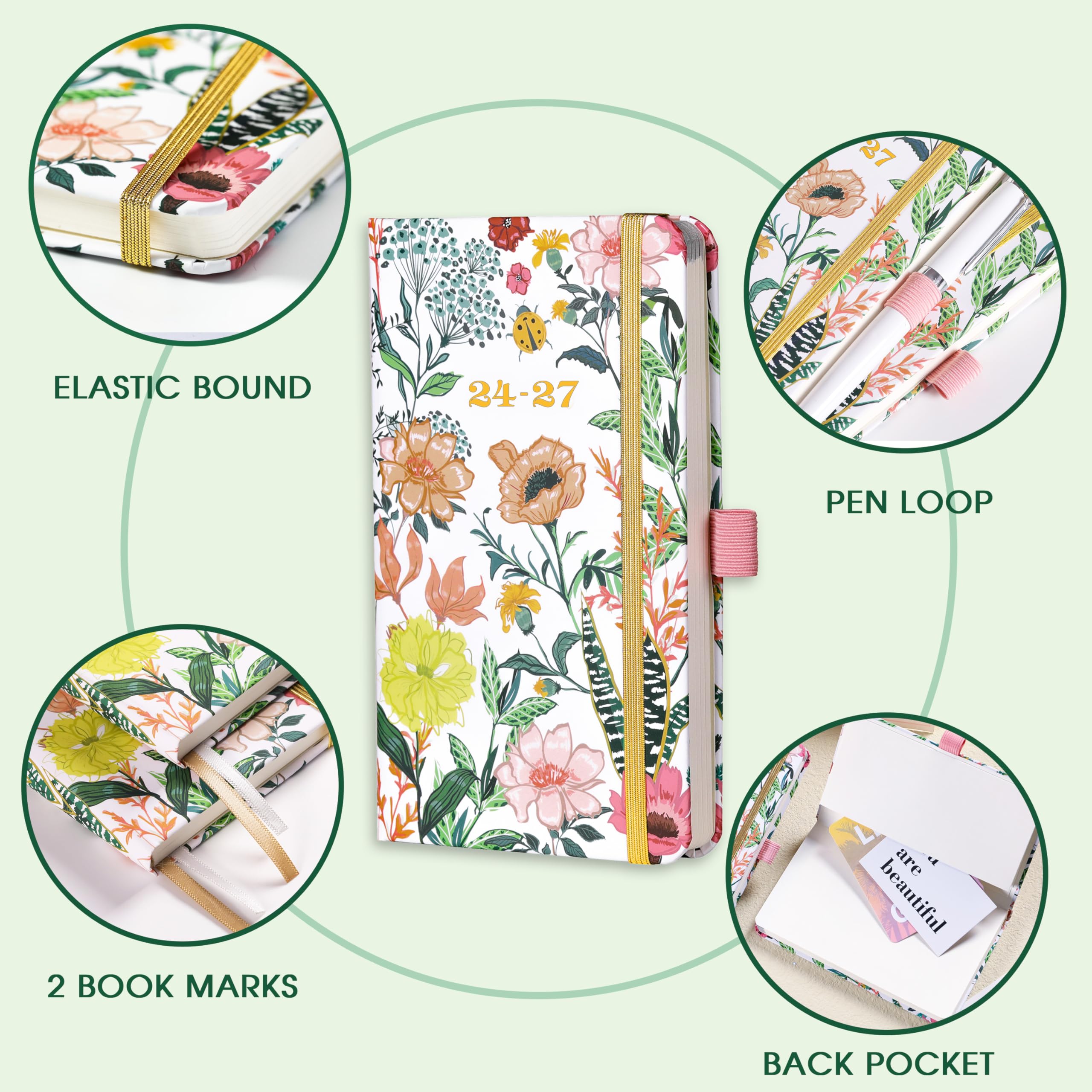 2024-2027 Pocket Planner/Calendar - 3 Year Monthly Planner 2024-2027, Jul 2024 - Jun 2027, 3.8" x 6.3", Small/Purse Planner 36 Months with Pen Holder, Inner Pocket, Elastic Closure and 61 Notes Pages