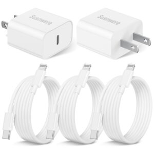 susnwere iphone 14 13 12 charger fast charging, 2 pack 20w fast pd usb c wall charger adapter with 3pack 6ft usb c to lightning cable (mfi certified) for 14/14 plus/14 pro/14 pro max/13/ white