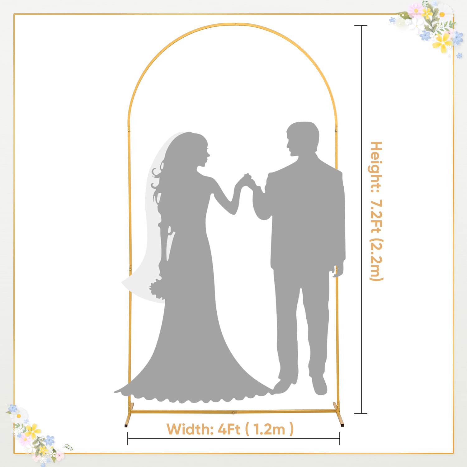 7.2Ft Wedding Arch Backdrop Stand Square Gold Metal for Ceremony Birthday,Party,Friends Gathering,Christmas,Garden Decoration