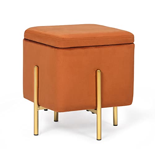 Adeco Velvet Upholstered Square Storage Ottoman, Vanity Stool Footrest with Sturdy Metal Legs in Gold Finish, Small Coffee Table Side Table for Living Room Bedroom Couch (Orange)