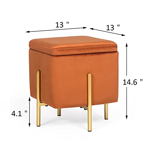 Adeco Velvet Upholstered Square Storage Ottoman, Vanity Stool Footrest with Sturdy Metal Legs in Gold Finish, Small Coffee Table Side Table for Living Room Bedroom Couch (Orange)