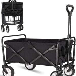 Collapsible Folding Outdoor Utility Wagon, Beach Wagon Cart with All Terrain Wheels & Drink Holders, Portable Sports Wagon for Camping, Shopping, Garden and Beach (Black/1 Year Warrant)