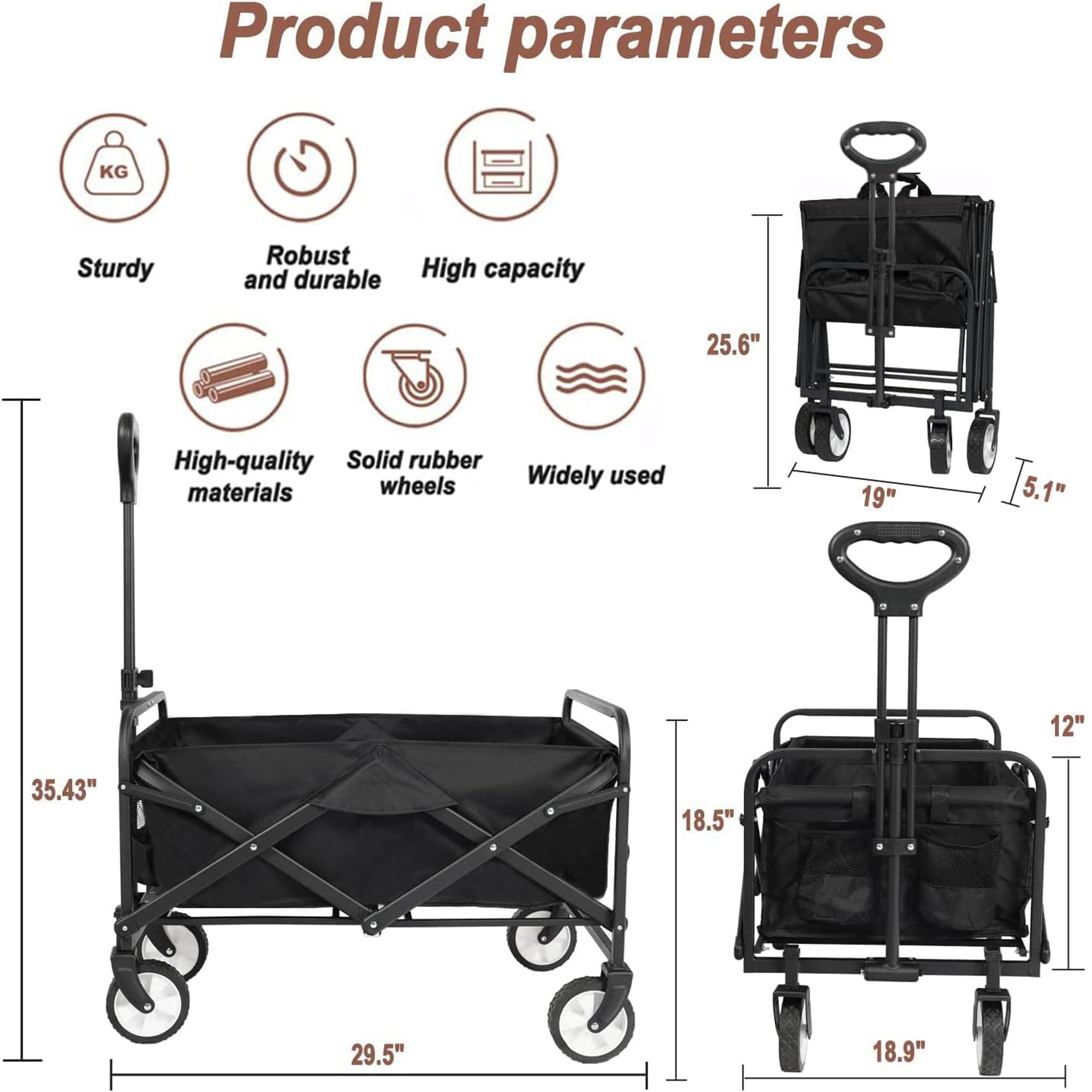 Collapsible Folding Outdoor Utility Wagon, Beach Wagon Cart with All Terrain Wheels & Drink Holders, Portable Sports Wagon for Camping, Shopping, Garden and Beach (Black/1 Year Warrant)