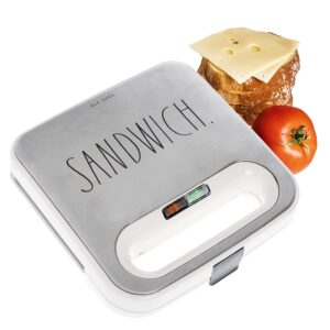 rae dunn portable sandwich maker - non-stick plates, indicator light, locking lid, cool touch handle & cord storage. ideal for breakfast, grilled cheese & tuna melts. easy to clean & store - (cream)