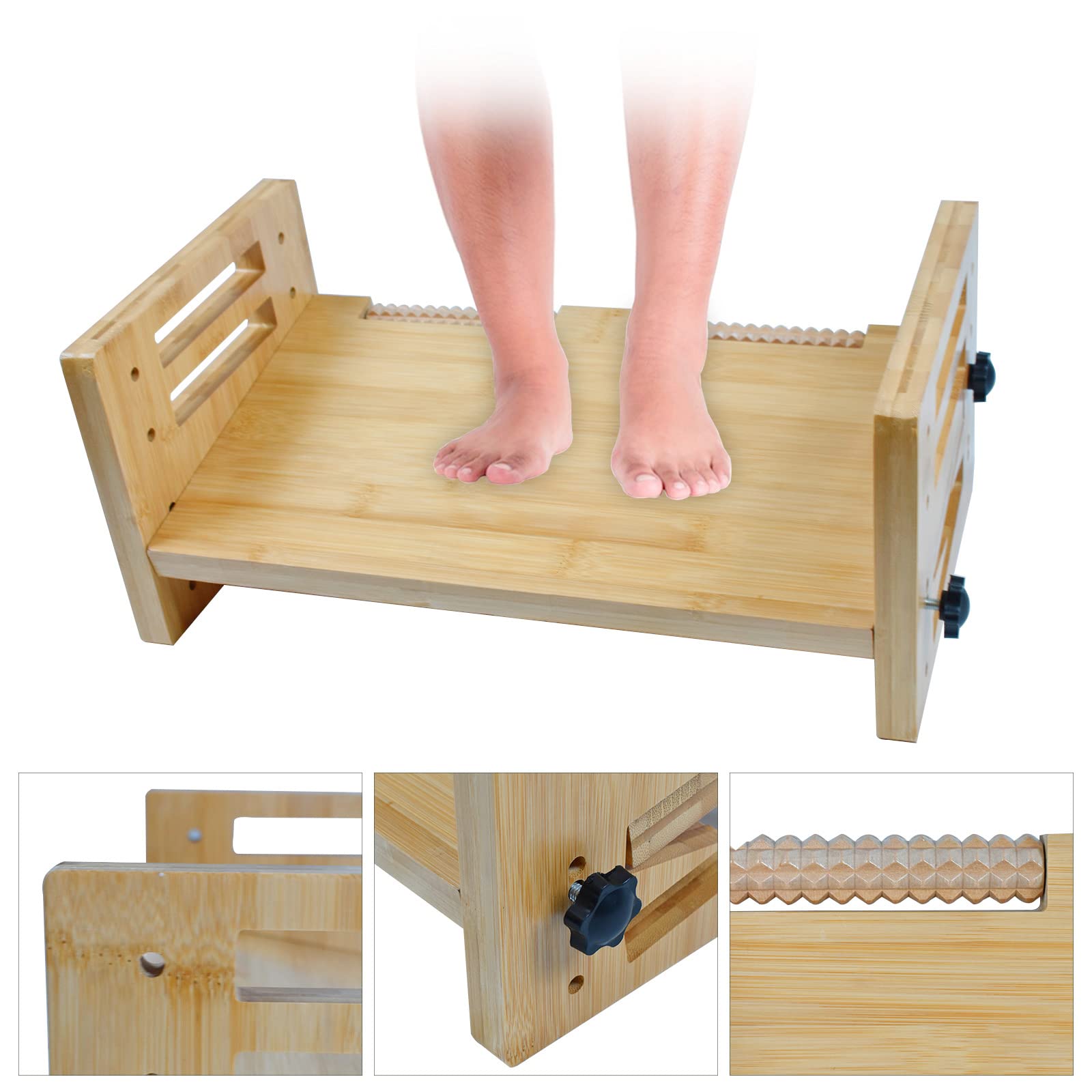 Foot Rest for Under Desk at Work, with 5 Adjustable Height Position Bamboo Foot Stool and Massage Roller & Non-Slip Bottom, Ergonomic Stool Relieves Swelling and Joint Inflammation at Home, Office