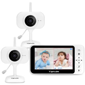 yonvim baby monitor camera, 4.3" split screen video baby monitor with 2 cameras and audio, no wifi, night vision, two way talk, long range, temperature sense, 4x zoom