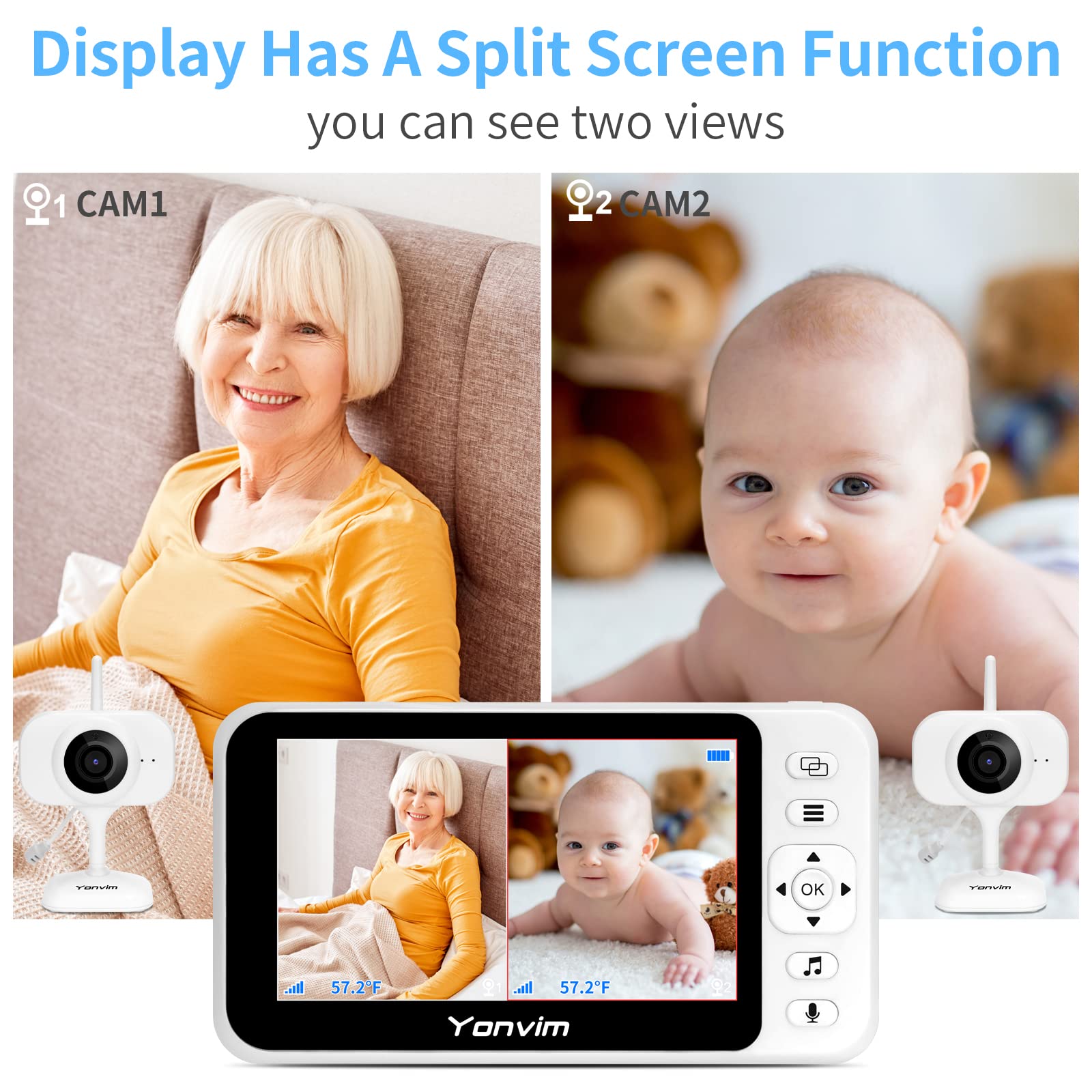 Yonvim Baby Monitor Camera, 4.3" Split Screen Video Baby Monitor with 2 Cameras and Audio, No WiFi, Night Vision, Two Way Talk, Long Range, Temperature Sense, 4X Zoom