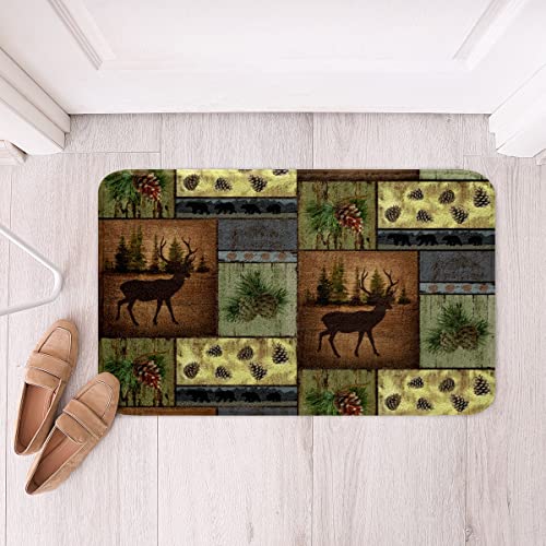 Deer Hunting Bathroom Rugs 20"x32",Retro Woodland Animal Hunter Bath Mat,Retro Rustic Patchwork Pinecones Decor Bath Rugs for Kids Boys Girls Youth,Westurn Farmhouse Cabin Entryway Home Room Decor