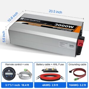 ECO-WORTHY 3000W Pure Sine Wave Solar Power Inverter 24V DC to 120V AC Converter with Remote Control,1*AC Outlet,1*Hardwire Terminals and 1 * 150A Fuse,Remote Controller for Home RV Truck Off-Grid…