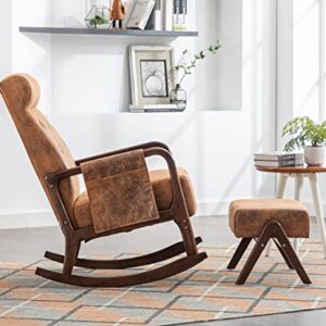 Kurhwyss Nursery Rocking Chair with Ottoman, Upholstered Rocker Chair with Arm Pocket, Modern Accent Glider Chair with Comfy High Back for Living Room Bedroom (Coffee)