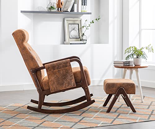 Kurhwyss Nursery Rocking Chair with Ottoman, Upholstered Rocker Chair with Arm Pocket, Modern Accent Glider Chair with Comfy High Back for Living Room Bedroom (Coffee)