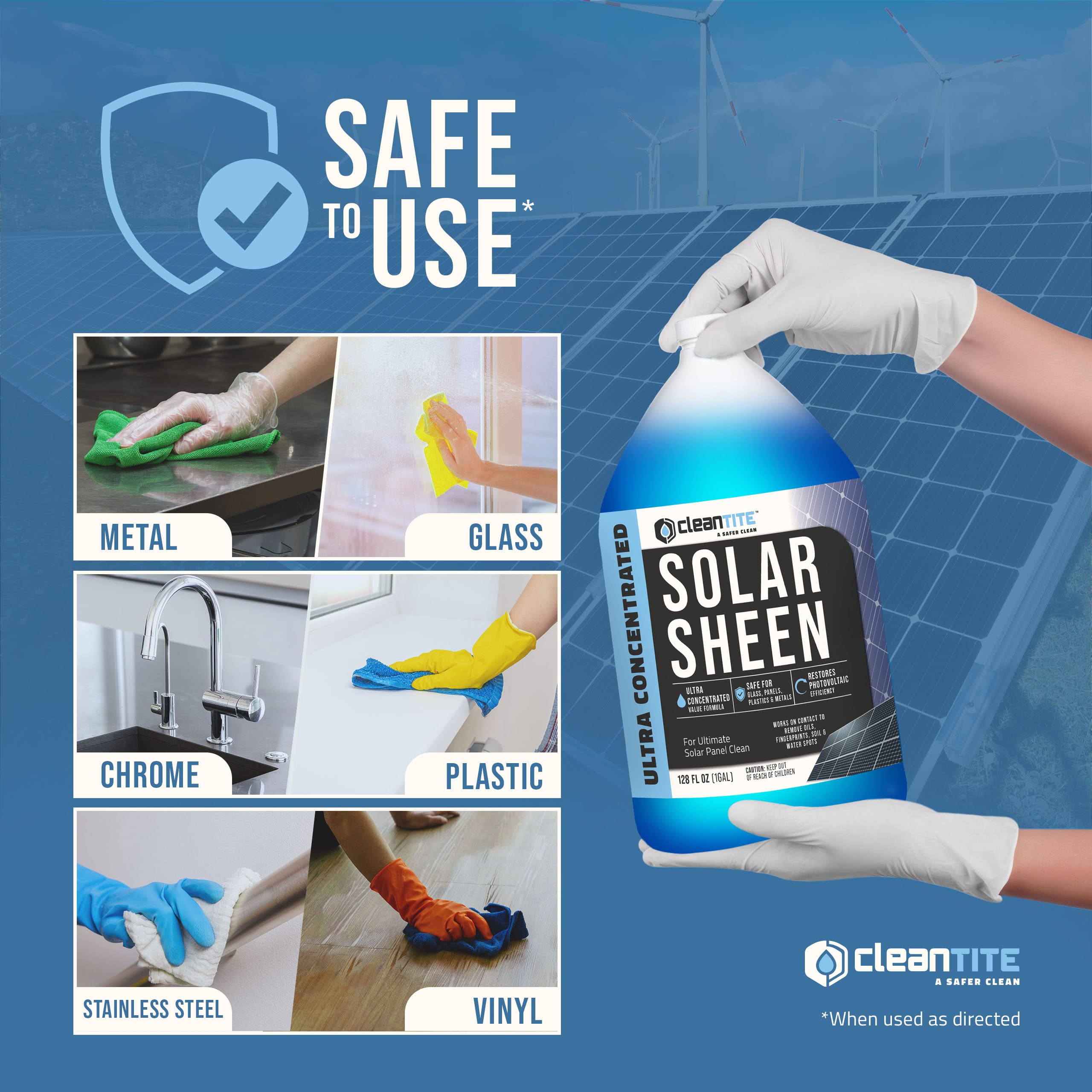 CLEANTITE Solar Panel Cleaner Solar Sheen (Makes 512 Gallons) - Super Concentrated Glass & Solar Panel Cleaning, Remove Oils, Fingerprints & Water Spots (1 Gallon)