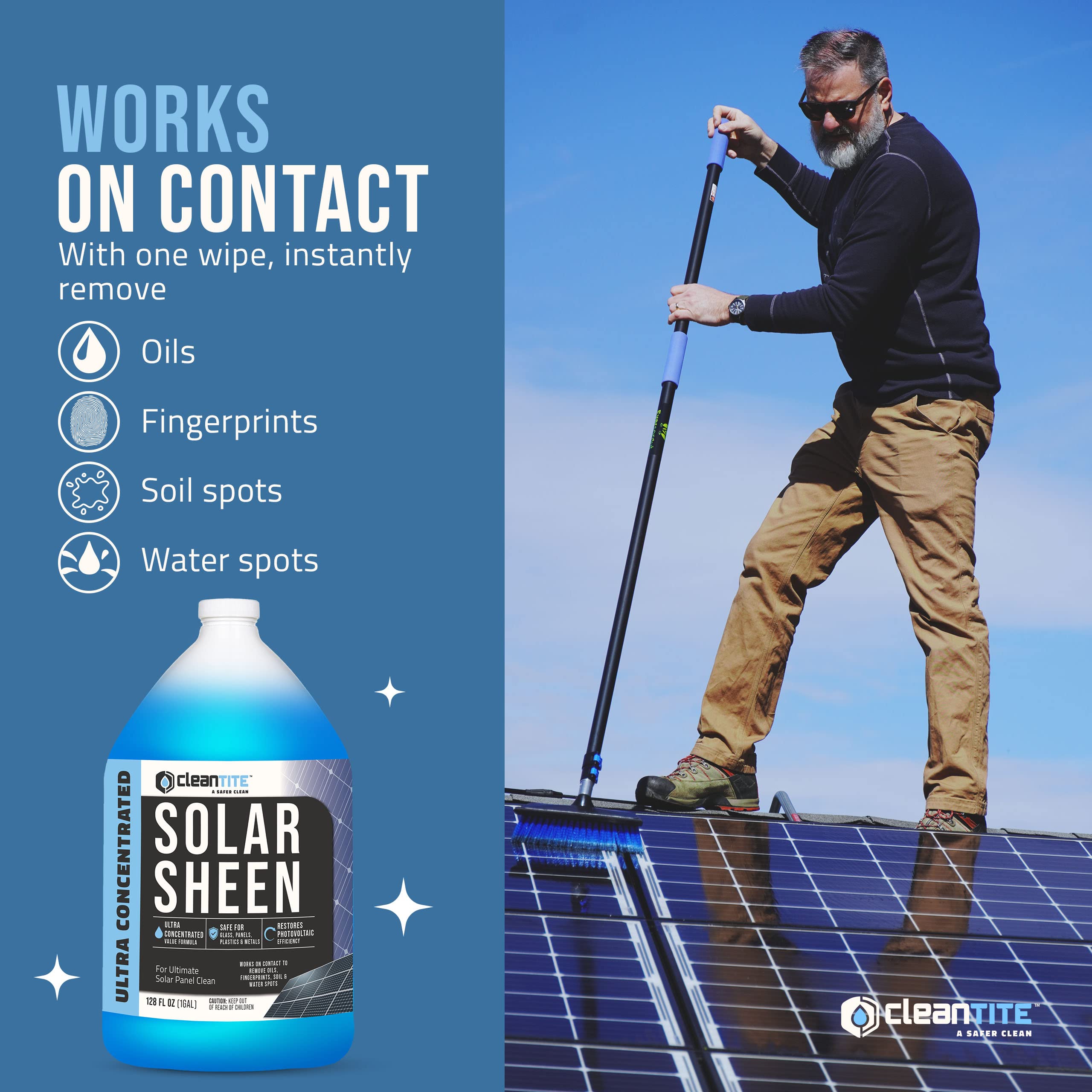 CLEANTITE Solar Panel Cleaner Solar Sheen (Makes 512 Gallons) - Super Concentrated Glass & Solar Panel Cleaning, Remove Oils, Fingerprints & Water Spots (1 Gallon)