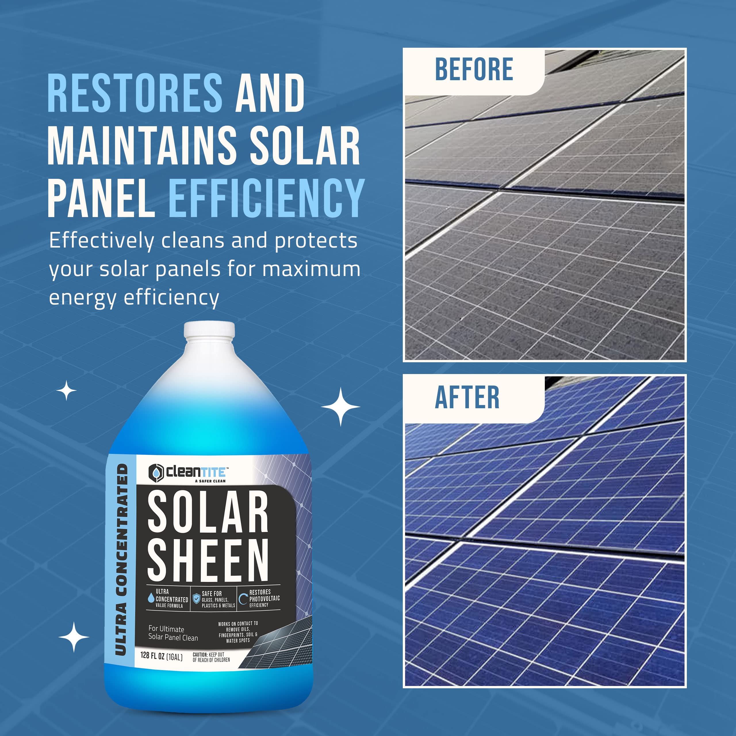 CLEANTITE Solar Panel Cleaner Solar Sheen (Makes 512 Gallons) - Super Concentrated Glass & Solar Panel Cleaning, Remove Oils, Fingerprints & Water Spots (1 Gallon)