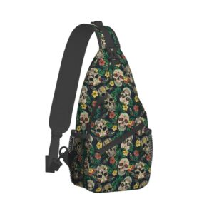 Sugar Skull Sling Bag For Women, Skull Sling Backpack Women, Skull Crossbody Bag Chest Bag For Women, Travel Hiking Daypack Crossbody Shoulder Bag For Women