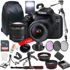 canon eos 2000d (rebel t7) dslr camera w/ef-s 18-55mm f/3.5-5.6 zoom is ii lens + 64gb memory + back pack case + tripod, lenses, filters, & more (28pc bundle) (renewed)