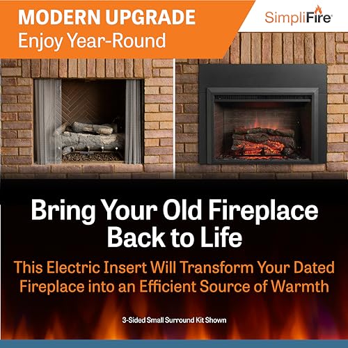 SimpliFire Electric Fireplace Insert, 32-Inch with Small Surround, Installs Into a Wood Fireplace Opening, Textured Logs, Remote Control, 1500W Heater