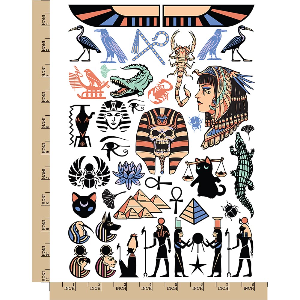 Egypt Egyptian Hieroglyphs Pyramids Pharaoh Temporary Tattoo Water Resistant Fake Body Art Set Collection - Color (One Sheet)