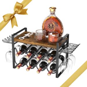 jafusi wine rack with glass holder, countertop wine rack metal frame, wine holder stand with wooden tray, bottles rack for home decor kitchen storage (hold 12 bottles and 4-6 glasses)