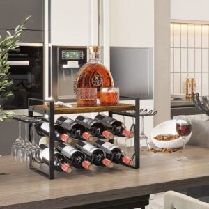 JAFUSI Wine Rack with Glass Holder, Countertop Wine Rack Metal Frame, Wine Holder Stand with Wooden Tray, Bottles Rack for Home Decor Kitchen Storage (Hold 12 Bottles and 4-6 Glasses)