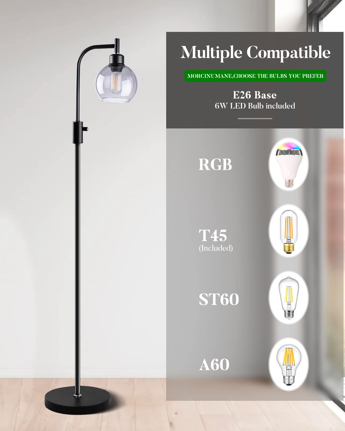 bulbeats 68IN Industrial Floor Lamp, Dimmable (Brightness Adjustable) Standing Tall Lamps for Living Room, Modern Floor Lamp with Grey Glass Shade, Bulb Included, Farmhouse Mid Century Decor