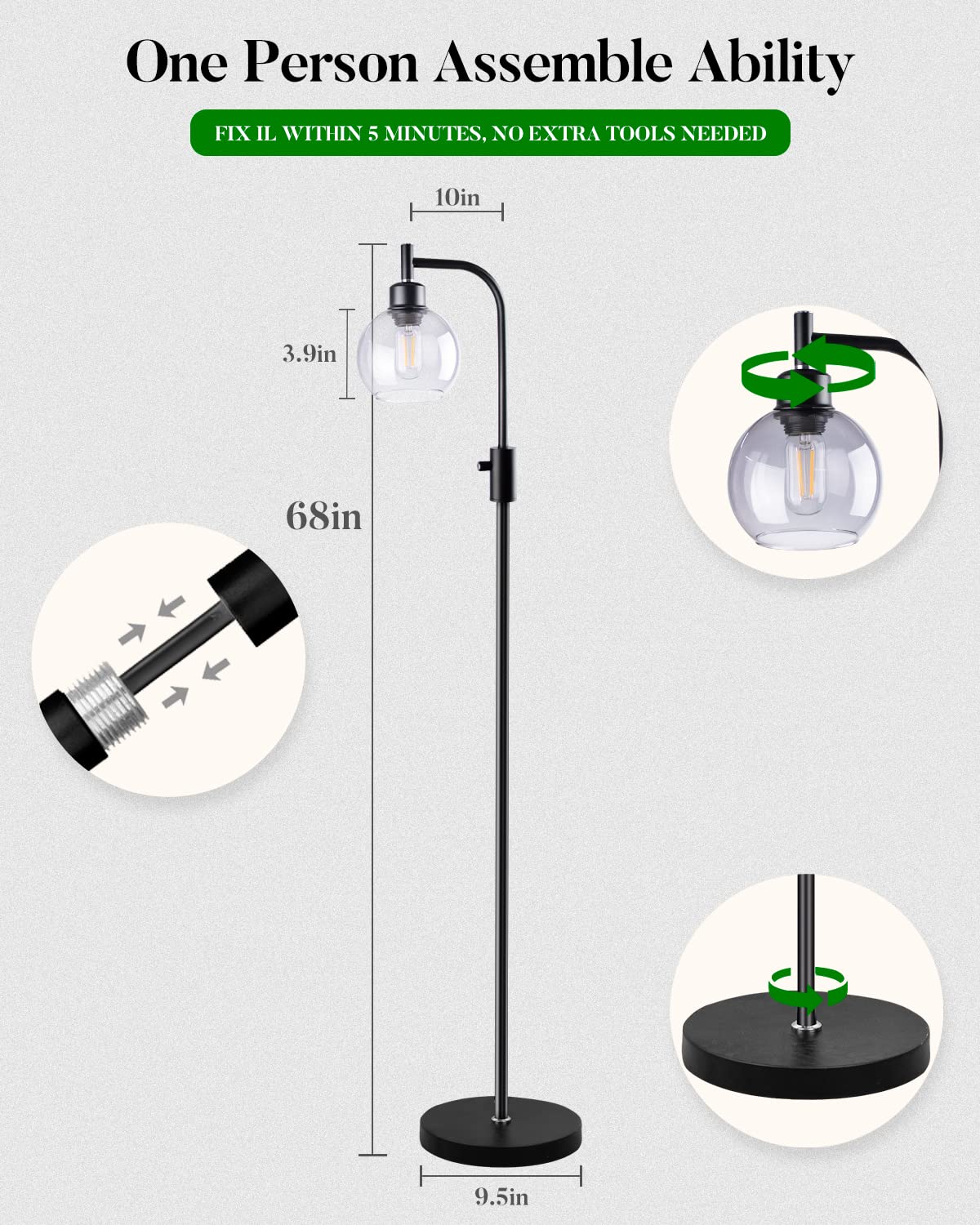 bulbeats 68IN Industrial Floor Lamp, Dimmable (Brightness Adjustable) Standing Tall Lamps for Living Room, Modern Floor Lamp with Grey Glass Shade, Bulb Included, Farmhouse Mid Century Decor